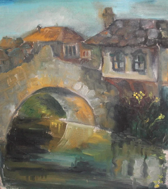 TABLEAU ANCIEN HUILE impressionniste paysage fluvial pont village EUR 209,00 - PicClick FR