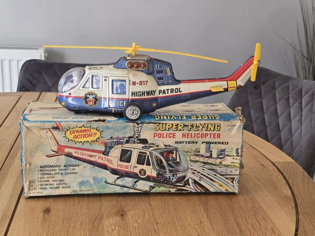 VINTAGE TINPLATE SUPER Flying Police Helicopter Battery Operated 1960’s ...