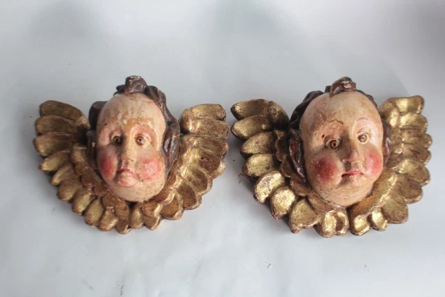 ANCIENNE PAIRE PUTTI têtes d'anges bois polychrome et doré (72806) EUR ...