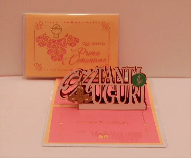 BIGLIETTO CARTONCINO ORIGAMI AUGURI PRIMA COMUNIONE CELESTE femminuccia ...