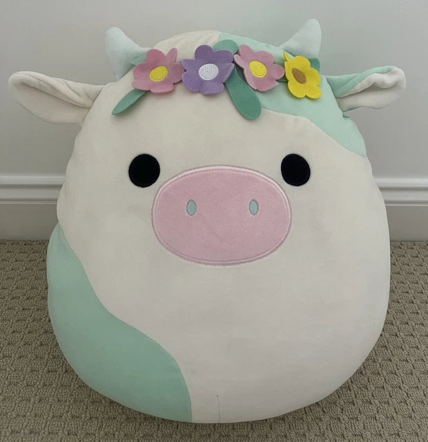 SQUISHMALLOWS BELANA 15& Large Cow Soft Toy, White & Mint with Flower ...