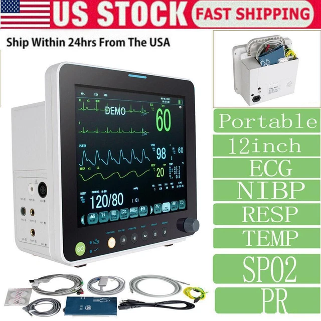 12'' PORTABLE MEDICAL Patient Monitor ICU Vital Signs SpO2/PR/NIBP/ECG ...