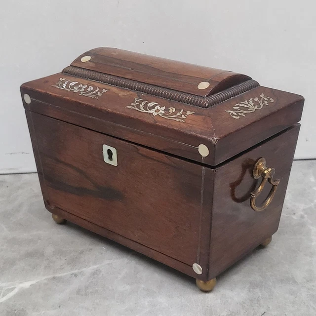 ANTIQUE VICTORIAN ROSEWOOD Sarcophagus Shaped Tea Caddy Box MOP Inlay 2 ...