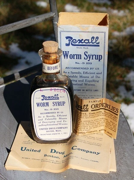 ANTIQUE REXALL WORM SYRUP bottle LABELED in box EARLY bim HAND BLOWN ...