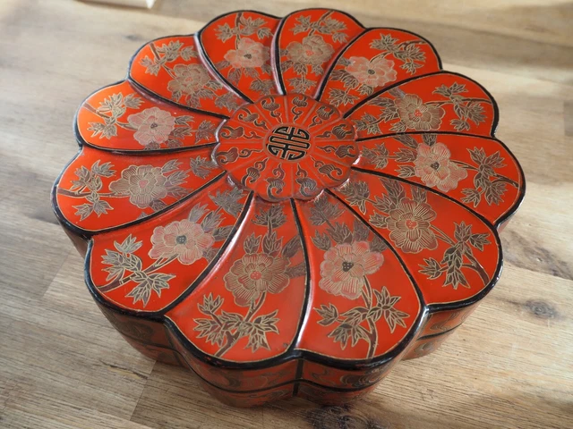 BOÎTE BIJOUX MARIAGE Chinois Ancien Laqué Rouge Old Chinese Flower ...
