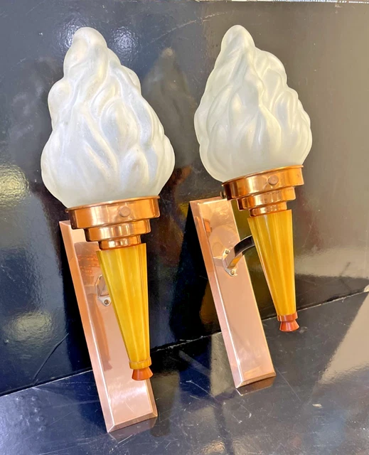 SUPERB ART DECO Catalin / Bakelite / Phenolic Wall Lights & Flame Glass ...