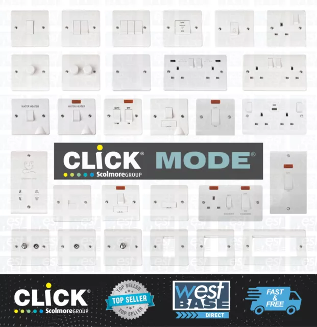 CLICK MODE WHITE Moulded Plastic Switches & Sockets+USB Dimmer LED ...