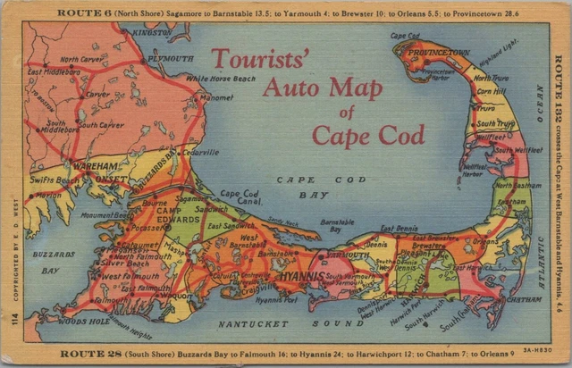 POSTCARD TOURISTS' AUTO Map Cape Cod MA £19.05 - PicClick UK