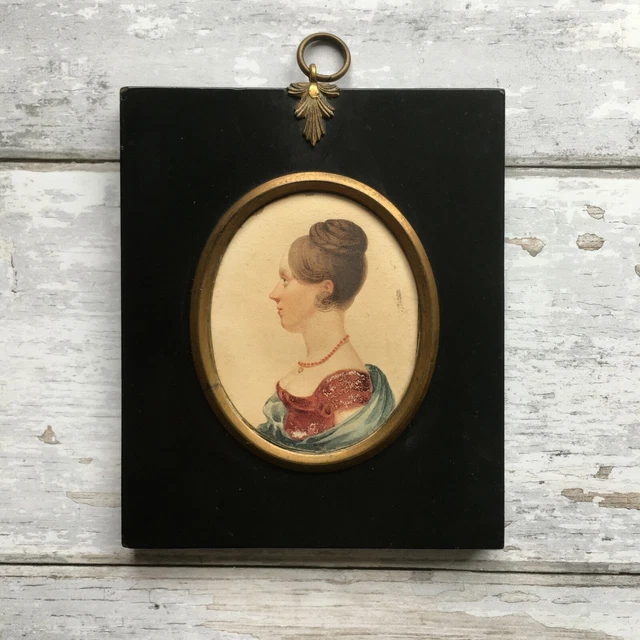 ANTIQUE REGENCY PORTRAIT Miniature Young Lady Red Dress and Shawl C ...