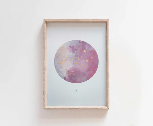 HAND PAINTED PINK SAGITTARIUS star sign art print gold watercolour A3 ...