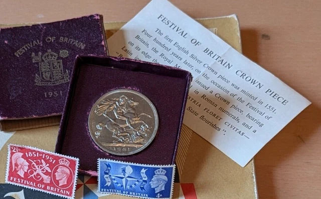 FESTIVAL OF BRITAIN Silver 1951 Crown Coin Old Box COA Antique Stamps ...