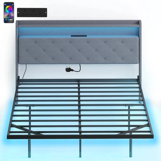 FLOATING BED FRAME with RGB Lights, Upholstered King Size Bed, Grey £ ...