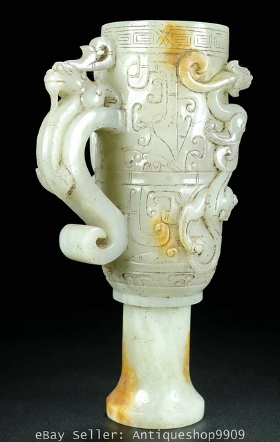 7.6& CHINESE OLD Hetian White Jade Carving Dragon Beast Statue Handle ...