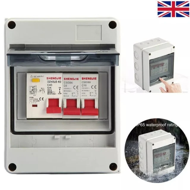 2-WAY GARAGE IP65 Weatherproof Consumer Unit Enclosure 40Amp Rcd Mcb ...