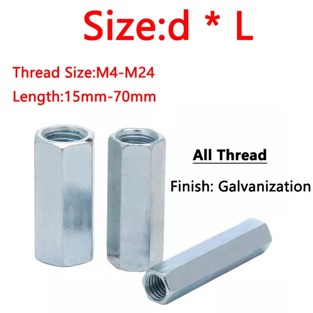 THREADED ROD BAR Stud Hex Connector Long Nuts Galvanization M4 M6 M8 ...