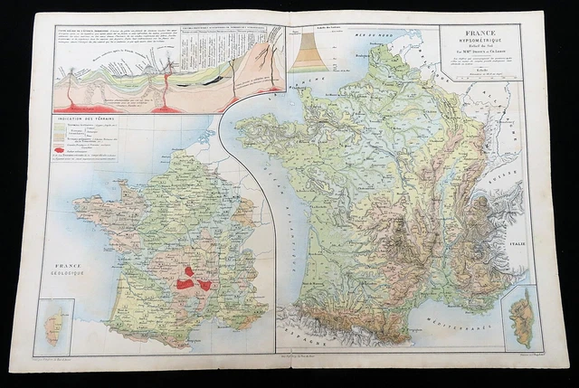 ANTIQUE MAP OF France Physical Geography Geology Geological Terrain ...