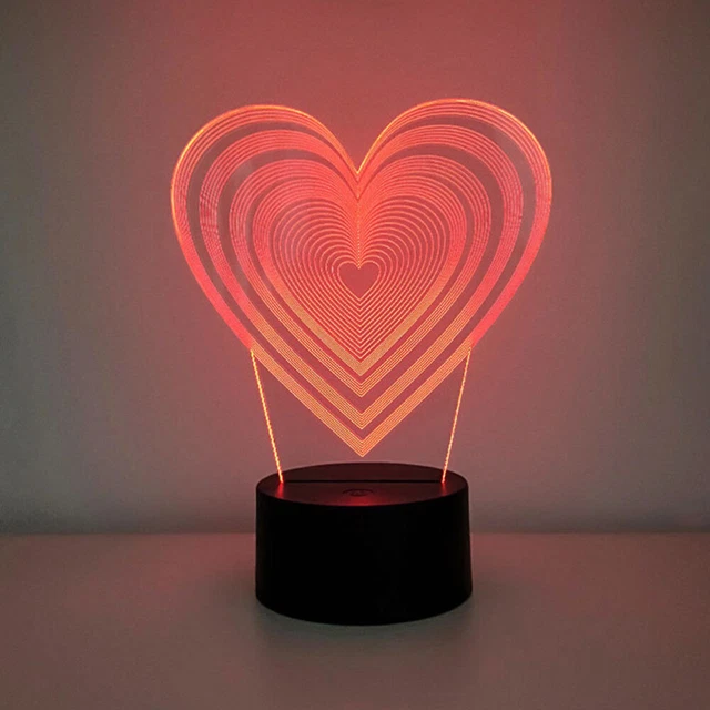 HEART SHAPE 3D Optical Illusion LED Light USB Night Light Bedroom Table ...