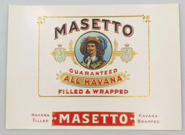 ANTIQUE PRIMA MASETTO All Havana Cigar Box Label 8.25" x 6" Musketeer ...