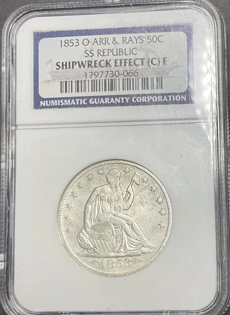 1853-O ARROWS AND Rays Seated Liberty Half Dollar 50C. NGC SS Republic Shipwreck $1,353.79 ...