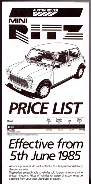 AUSTIN MINI RITZ Limited Edition Price List 1985 UK Market Single Sheet ...