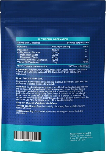 MAGNESIUM GLYCINATE 3-IN-1 Complex 2000mg with B6 | 120 Capsules High ...