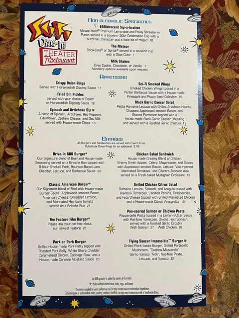 DISNEY WORLD SCI Fi Dine in restaurant Menu Hollywood Studios 10/22 $10 ...