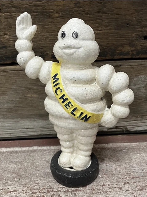 MICHELIN MAN BIBENDUM on Tire 9.5" Tall Cast Iron Bank Statue EUR 51,27 ...