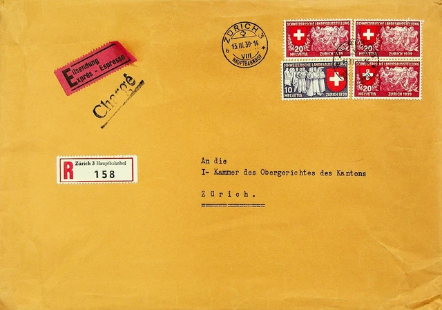 SWITZERLAND 1939 PRE WWII 4v ON ZUERICH REGD EXPRESS COVER W/ CHARGE ...