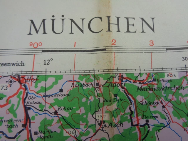 WW2 RAF MAP of Germany entitled "MUNCHEN" (MUNICH) + NURNBERG, PASSAU ...