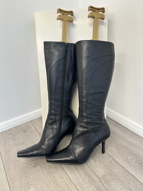 FAITH BLACK LEATHER Knee High Boots UK 8 Stiletto Heel Pointed Toe £54. ...