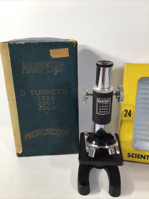 VINTAGE HARPERS 3 Turret Microscope Original Box & Milben Prepared ...