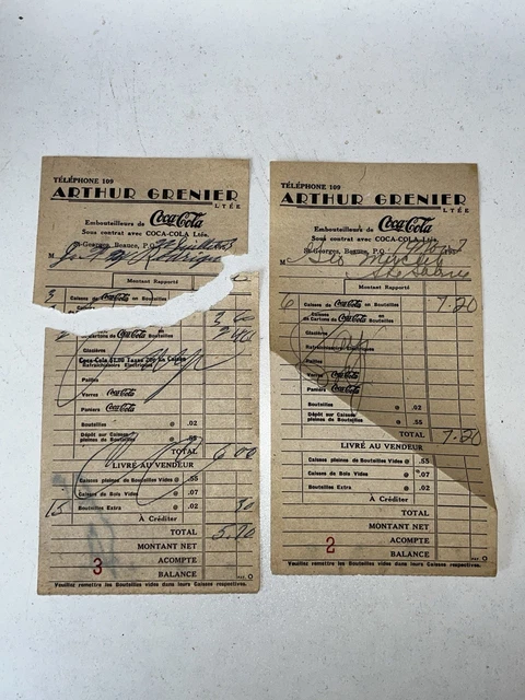ARTHUR GRENIER, LTÉE. Coca-Cola St-George-Bce P.Q. Bill Facture $10.00 ...