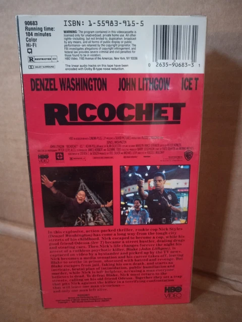 RICOCHET VHS ACTION Denzel Washington John Lithgow Ice T HBO Video New ...