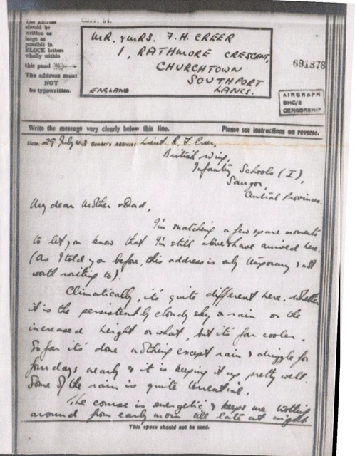 WW2 AIRGRAPH INDIA-SOUTHPORT Lieutenant 10th Btn Lanc's Fusiliers 29th ...