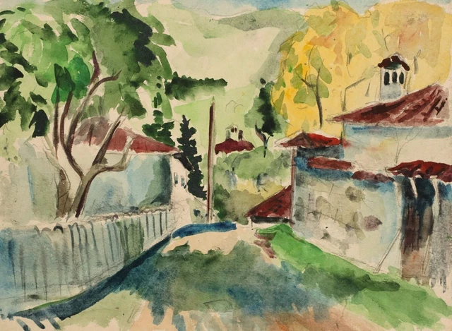 TABLEAU ANCIEN AQUARELLE paysage village de montagne EUR 110,58 - PicClick FR