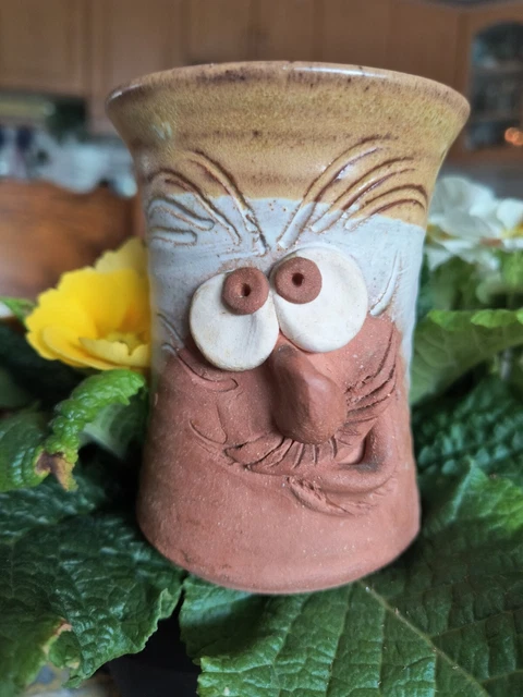 VINTAGE ART POTTERY Ugly Funny Face Smiles Coffee Cup Mug Handmade ...