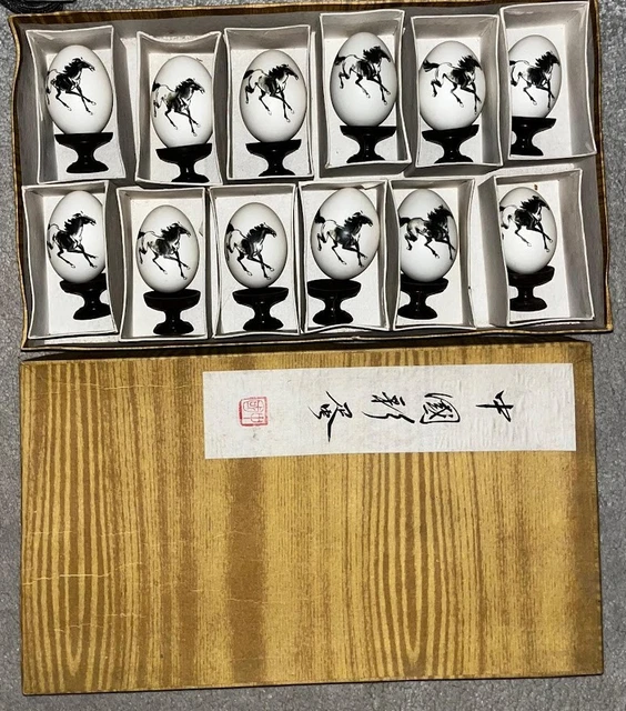 VINTAGE CHINESE HAND painted duck eggs - full set of 12 horses ink art ...