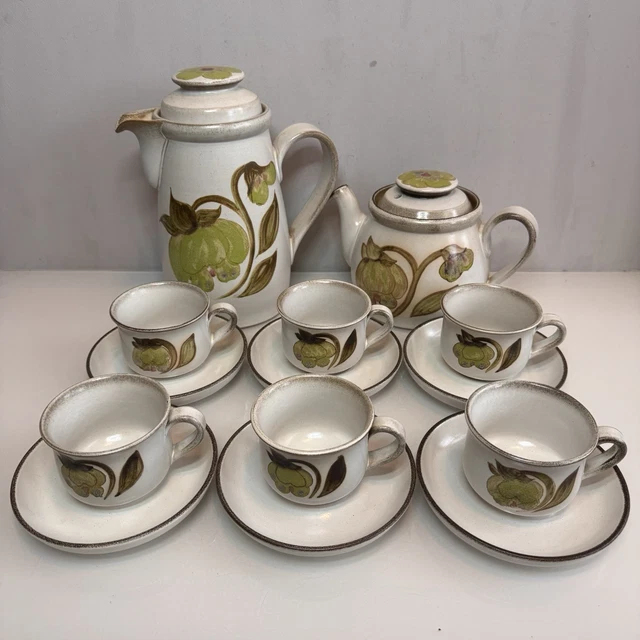 VINTAGE STONEWARE DENBY Troubadour Coffee Pot Tea Pot Cups & Saucers ...