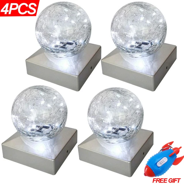 4 SOLAR DECK Cap Post Lights Outdoor Garden Crackle Glass Ball Lights ...