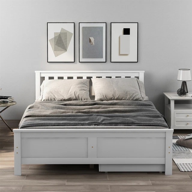 DOUBLE BED WHITE 4ft6 Wooden Pine Wood Bed Frame W/ Storage Drawers for ...