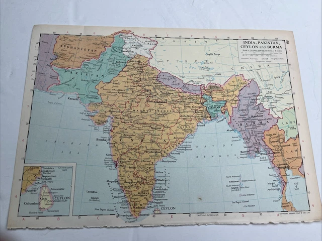 1959: MAP OF Palestine, India Pakistan Ceylon Burma Vintage Print #49/ ...