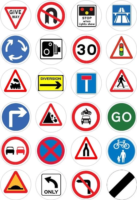 24 TRAFFIC ROAD Signs Driving Test Premium Cup cake Toppers Edible ...