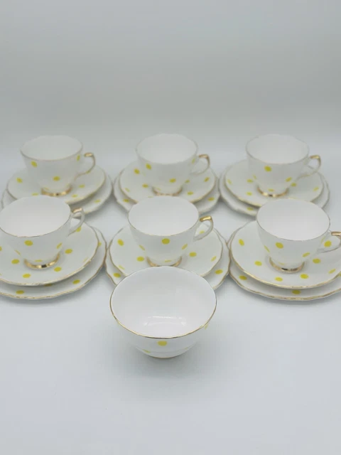VINTAGE BONE CHINA Tea Cups and Saucers Set Royal Vale Yellow Spotty ...