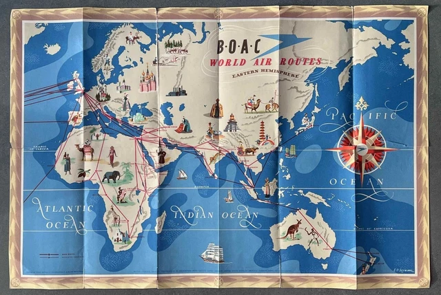 BOAC ORIGINAL AIRLINE Route Map Poster 1949 Eastern & Western ...