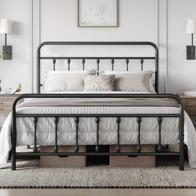 4FT6 DOUBLE BED Frame Vintage Iron Platform Bed with High Headboard ...