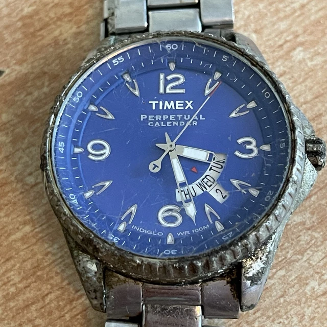 VINTAGE MENS TIMEX Indiglo Perpetual Calendar Watch Blue Face WR 100M £ ...