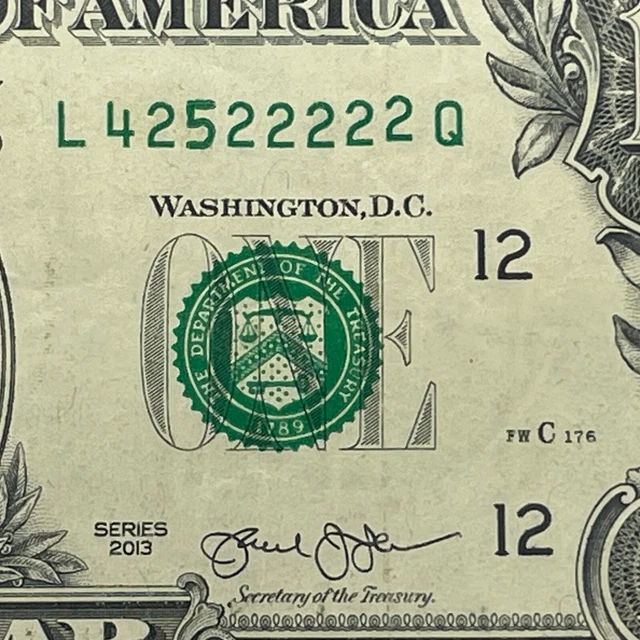 SIX OF A Kind 2s One Dollar Bill Fancy Serial Number L42522222Q Five in ...