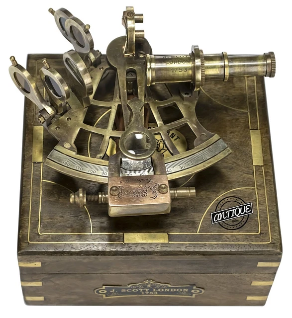 BRASS SHIP SEXTANT in Wood Box Vintage Antique Nautical Navigation ...