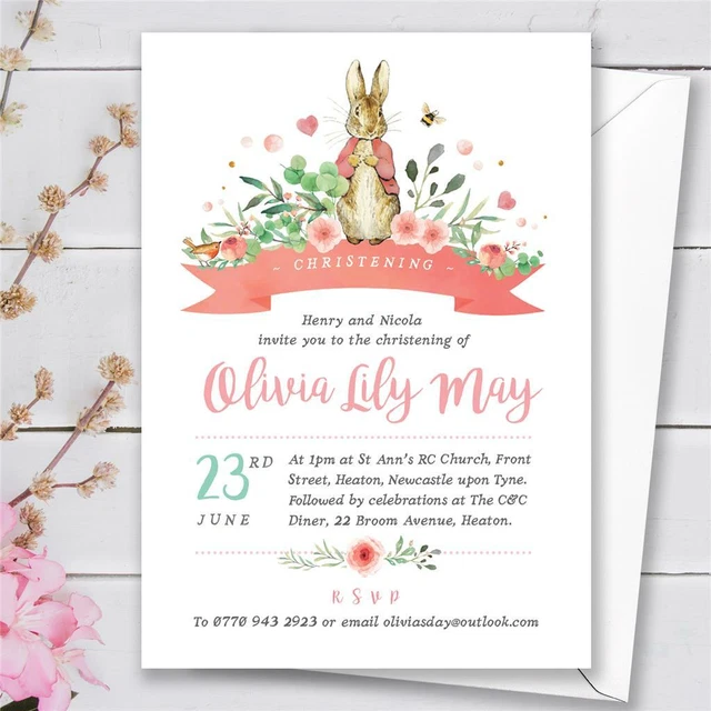 10 PERSONALISED PETER Rabbit Christening Invitations Girl Pink Invites ...