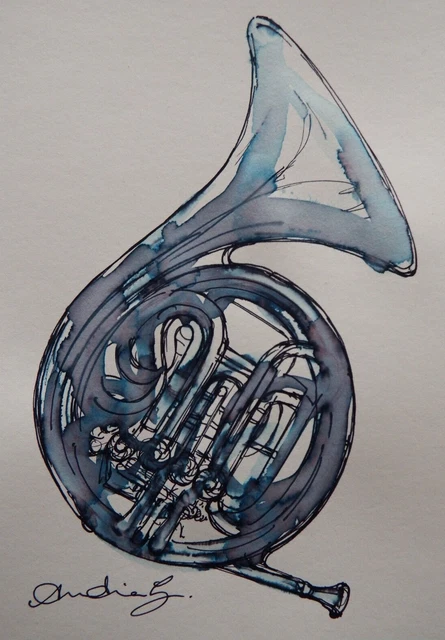 ORIGINAL PEN & ink wash drawing of a French horn brass musical ...
